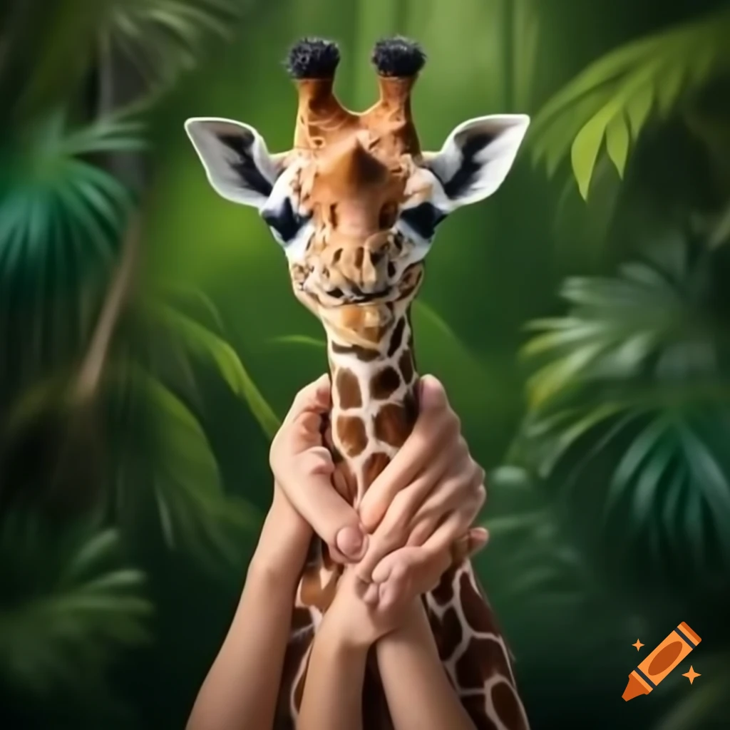 Mythical half giraffe half human figure holding a baby in jungle on Craiyon