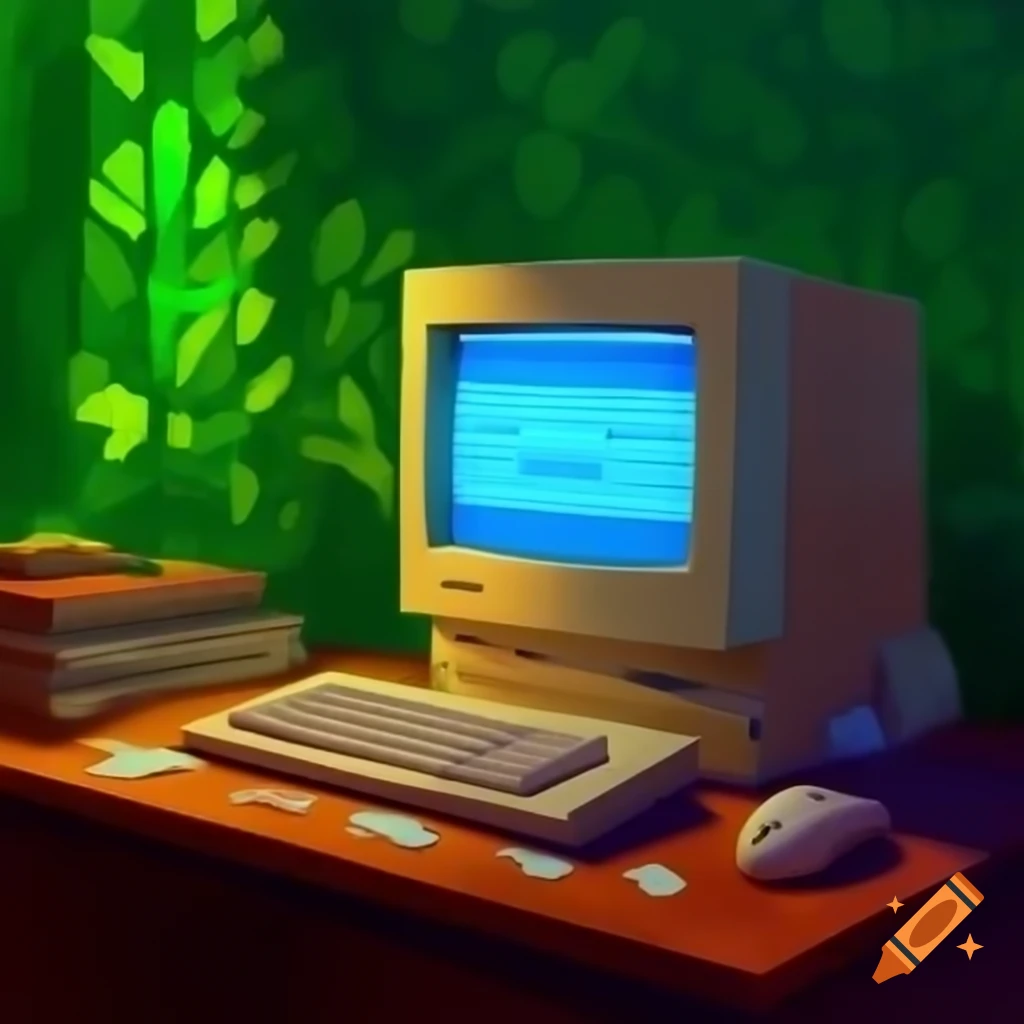 Old Macintosh computer on wooden desk with greenscreen backdrop in ...