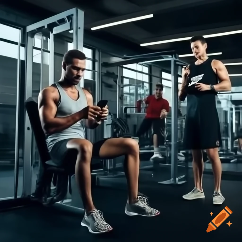 Man texting on gym machine while another man waits impatiently behind ...