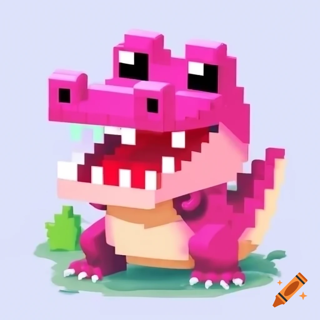 Pixelated pink alligator with friendly grin on white backdrop on Craiyon