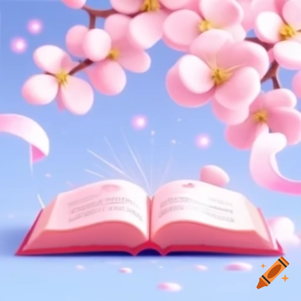 Open pink book adorned with cherry blossoms in cute 2D cartoon style on ...