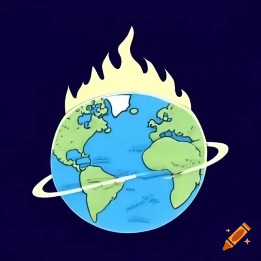 Miniature earth on cliff edge with stone spikes and fire in cartoon ...