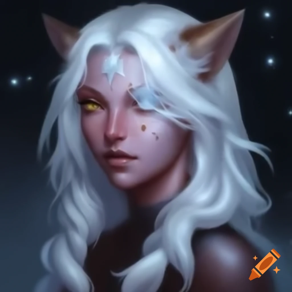 Demihuman woman with white fur and brown skin adorned with freckles ...