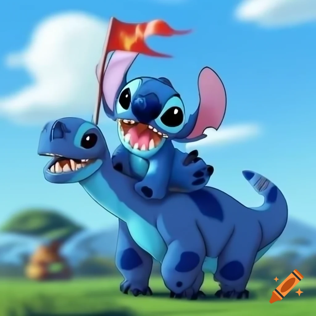 Stitch riding brachiosaurus with t-rex holding racing flag in playful ...
