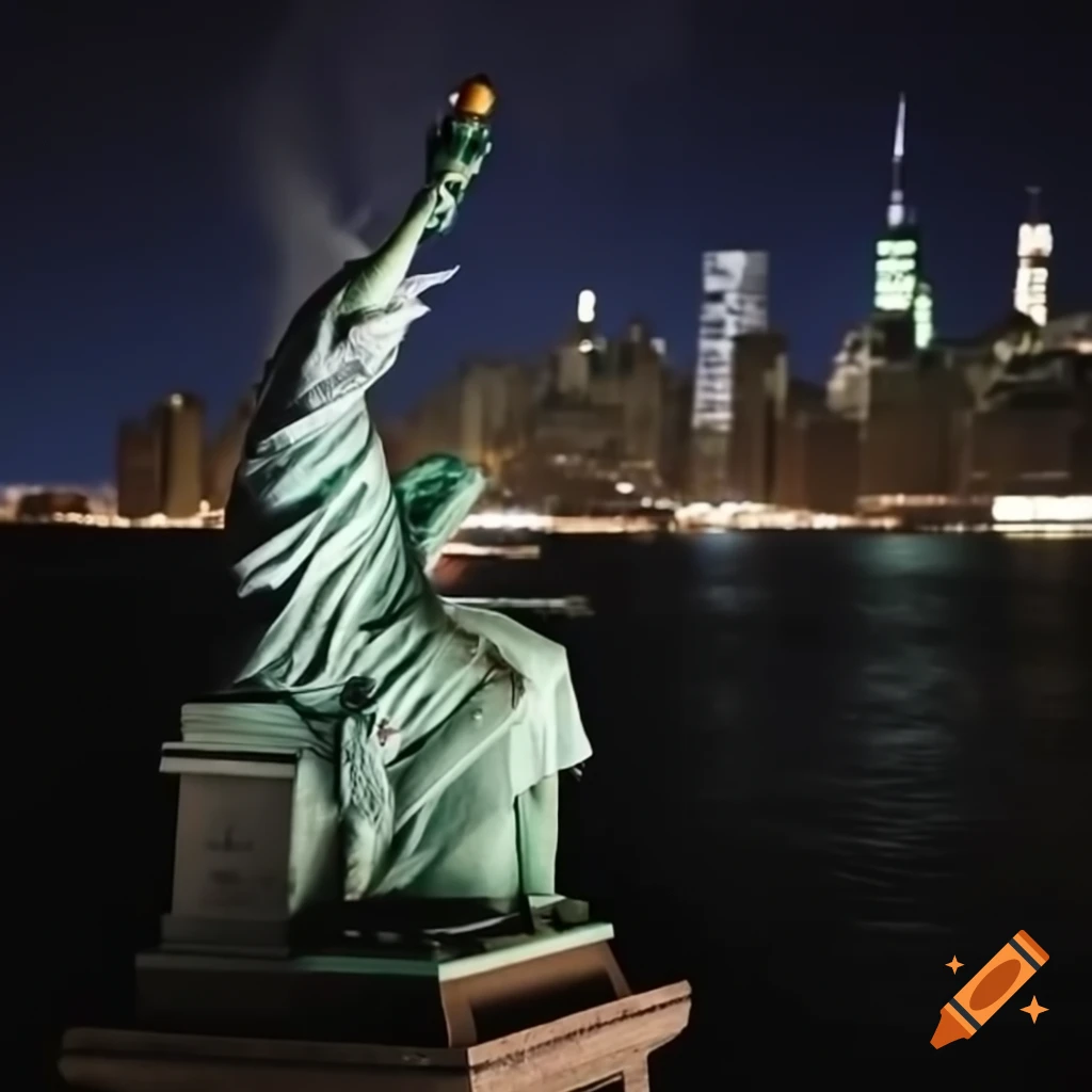 Statue of liberty appearing exhausted while smoking and drinking on ...