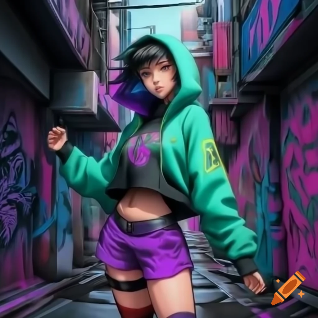Cyberpunk chic alleyway with girl in hoodie and graffiti on Craiyon