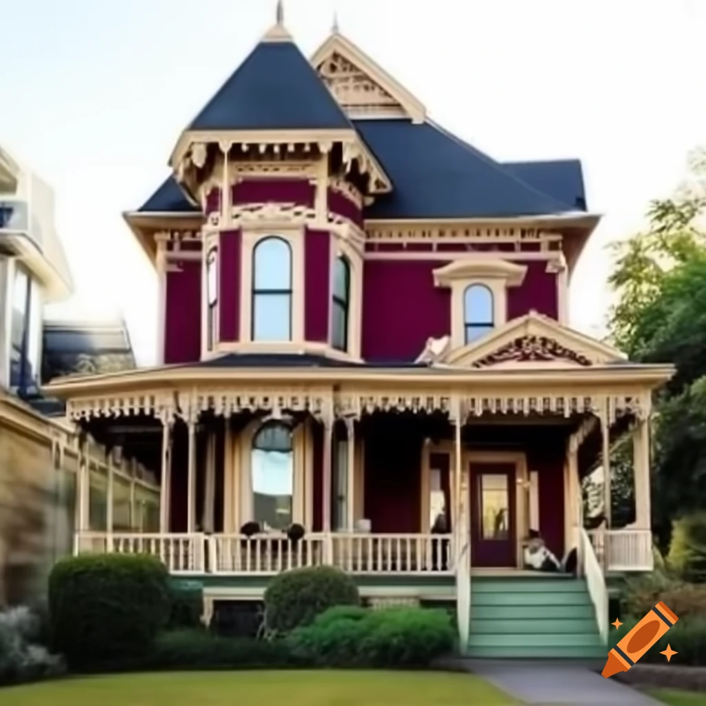Victorian maroon house with wrap-around porch and balcony on Craiyon
