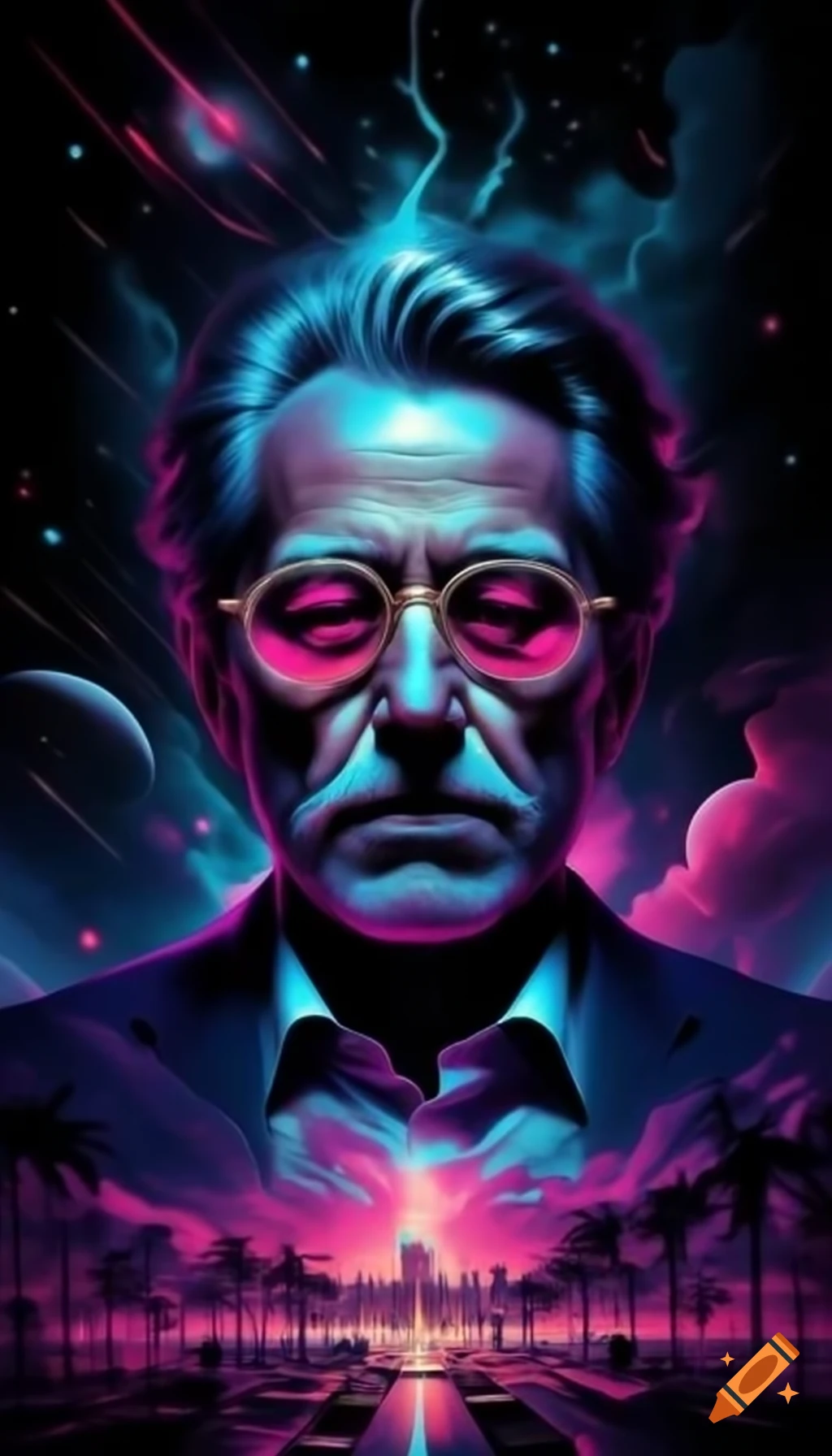 Evocative poster of handsome man with 80s essence, vaporwave elements ...