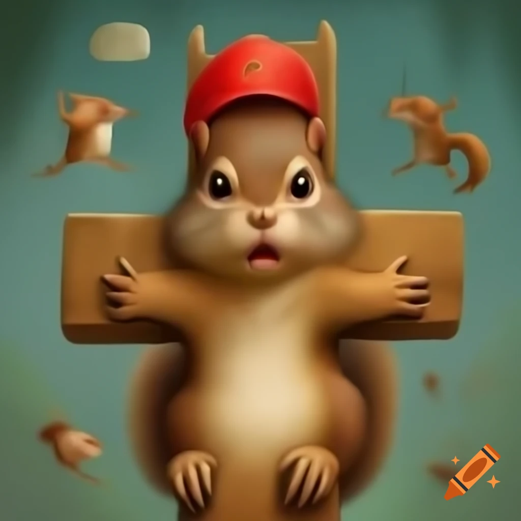 Humorous satirical depiction of a solemn squirrel on a cross wearing a ...