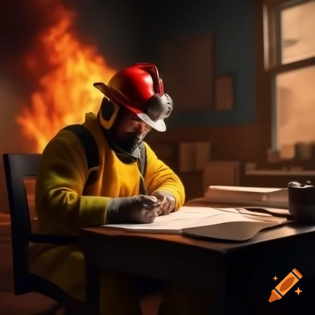 Fireman focused on paperwork in front of burning fire on Craiyon