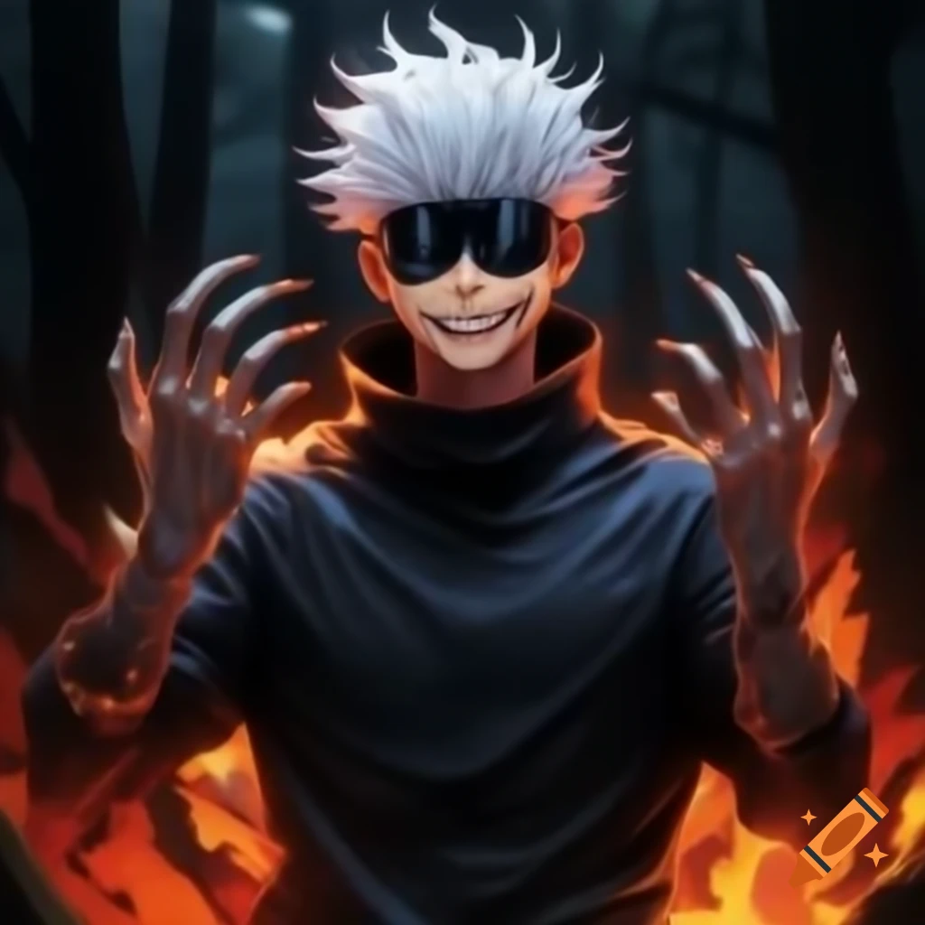 Satoru Gojo blindfolded with glowing eye and claw-like fingers in fiery ...