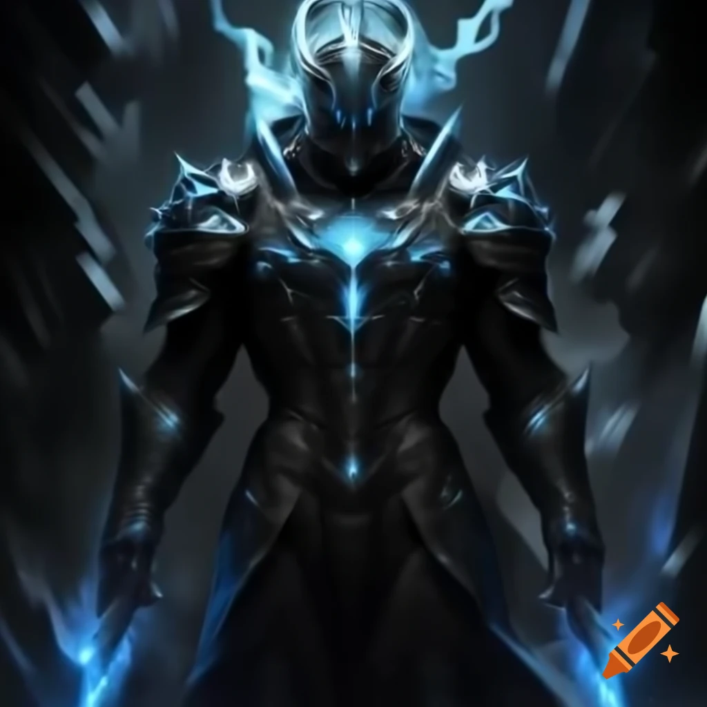 Black knight in armor with raging blue flame and malevolent aura on Craiyon