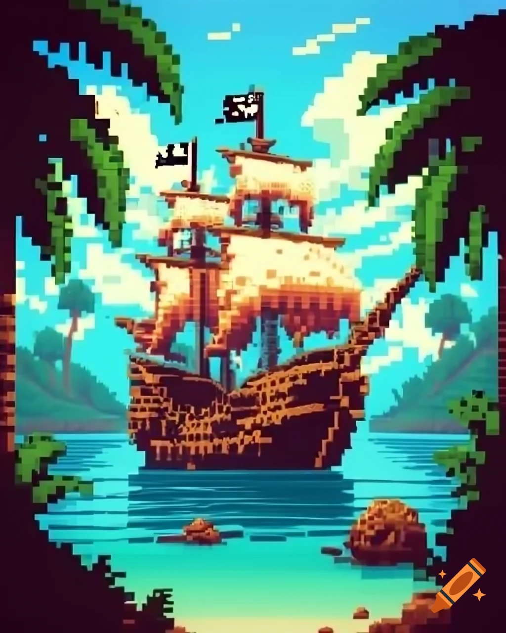 Retro pixel art of pirate ship in tropical paradise on Craiyon