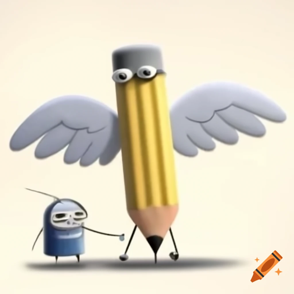 Cartoon pencil character with wings and rounded eraser, friendly design ...