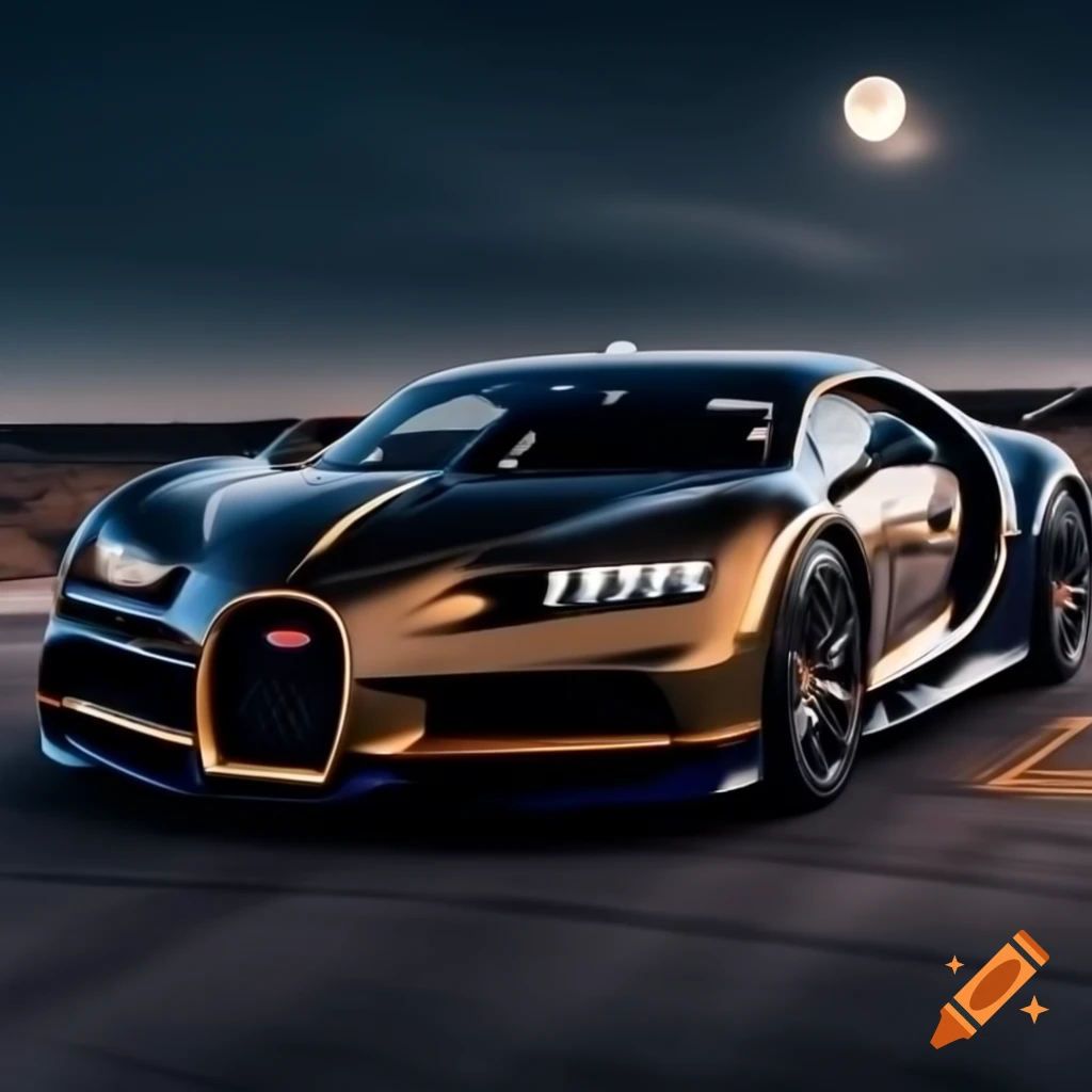 Bugatti Chiron with gold body kit on empty road at night under full ...