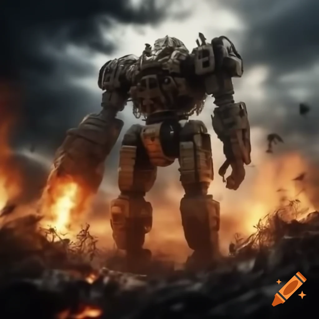 Robotic guardian in steel and fire standing ready to protect city on ...