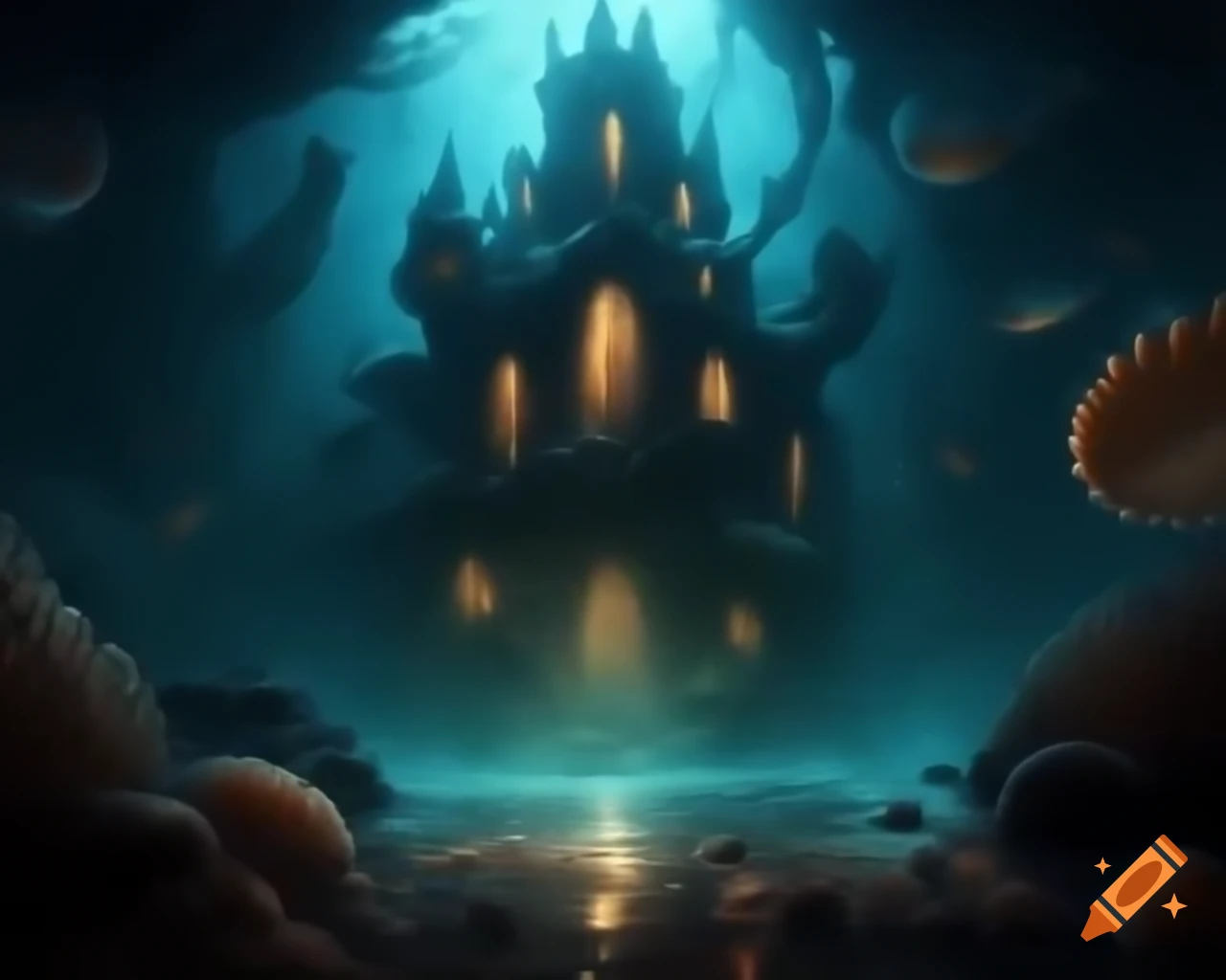 Majestic coral castle in the deep ocean with gothic windows and shell ...