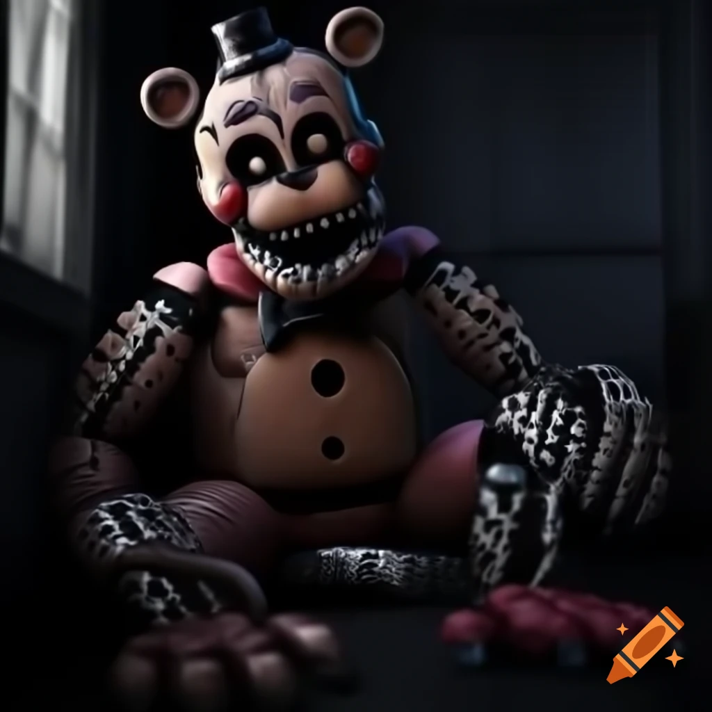 Deformed and broken fnaf character in a dark, twisted room on Craiyon