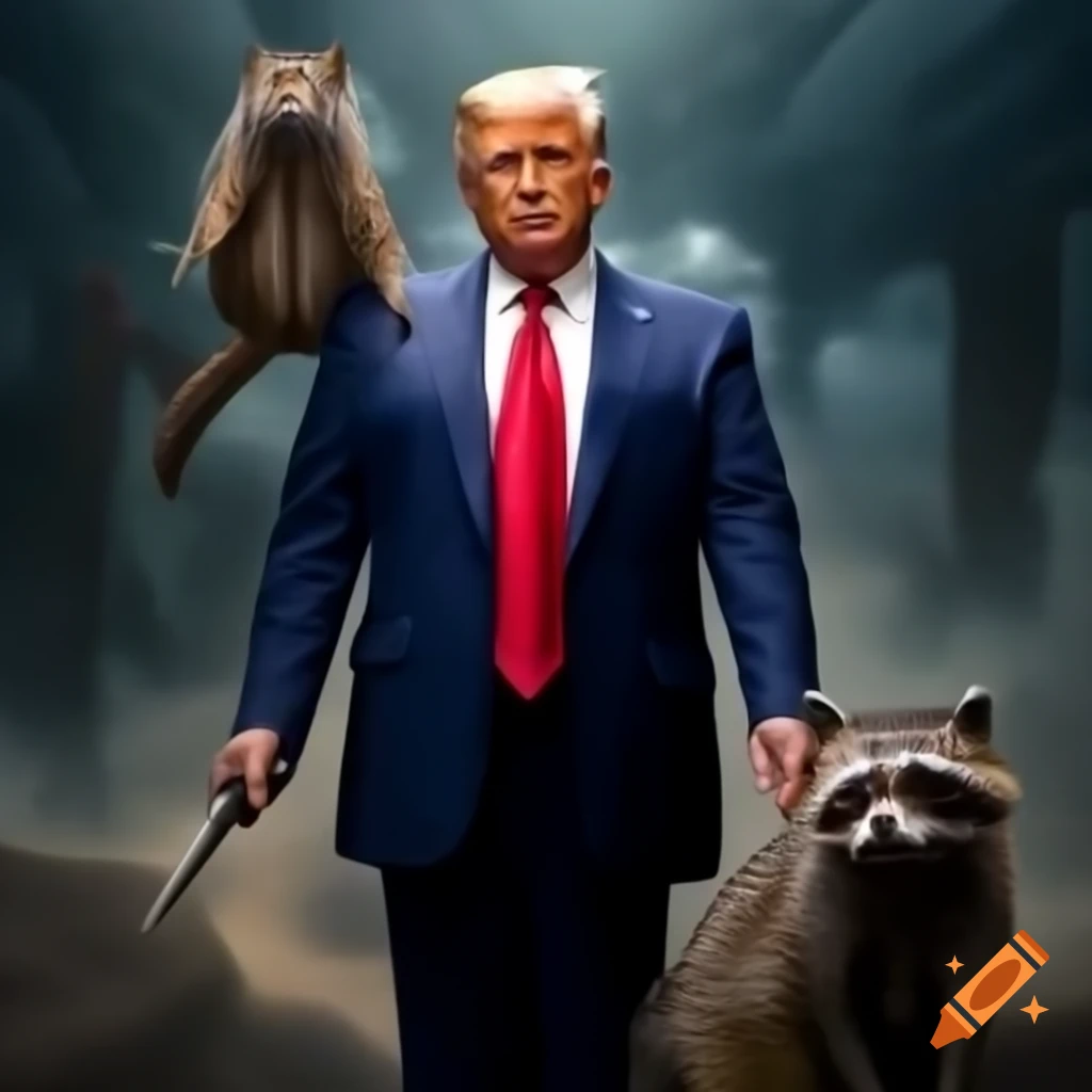 Donald J. Trump wielding a sword with a squirrel and raccoon in ancient ...