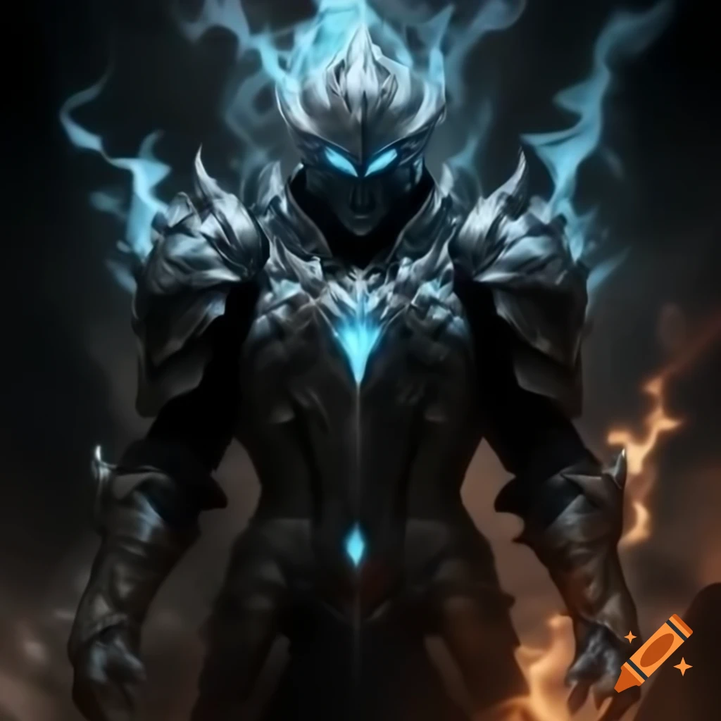 Black knight in armor with raging blue flame and malevolent aura on Craiyon