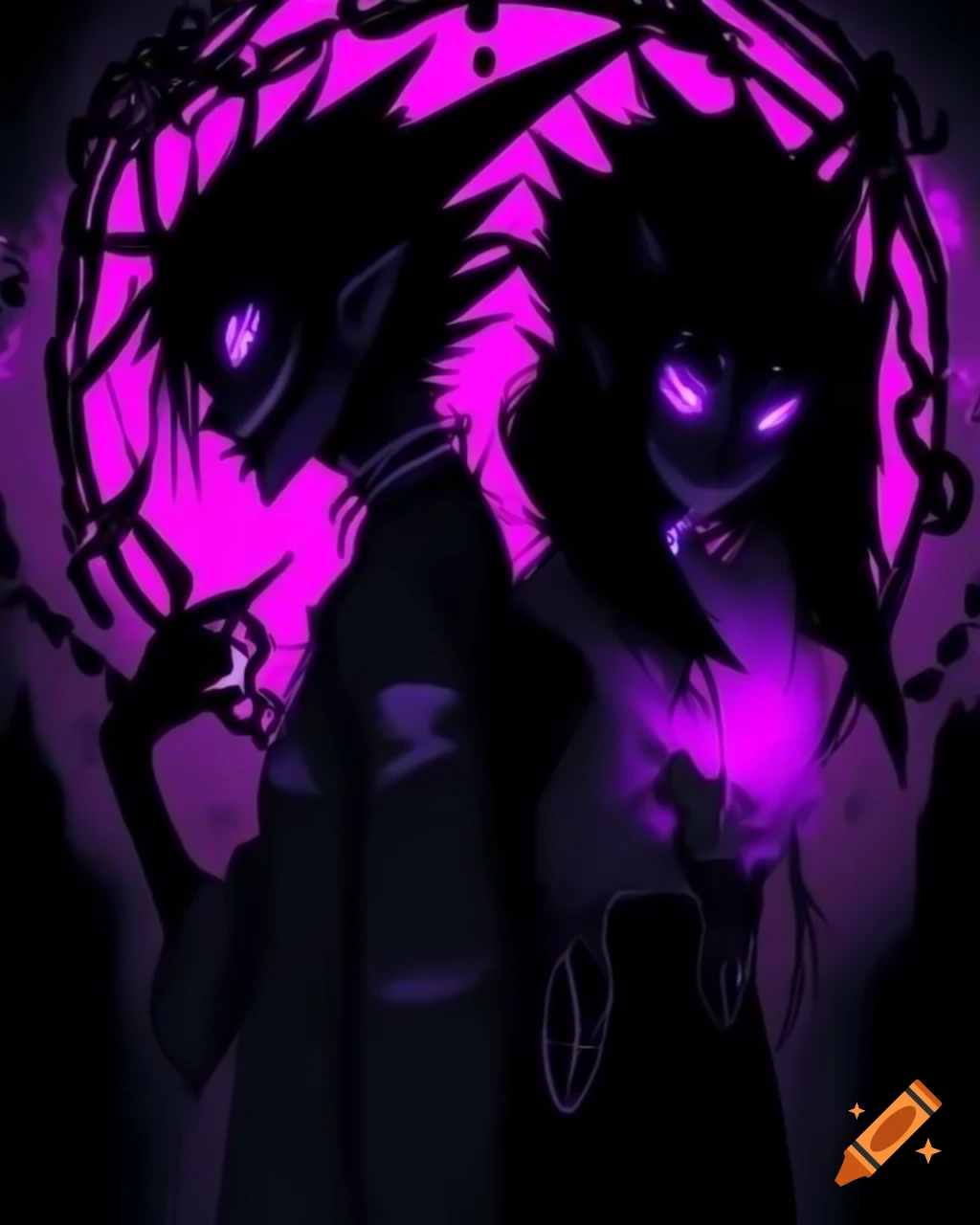 Demonic anime couple with glowing purple eyes in shadow on Craiyon