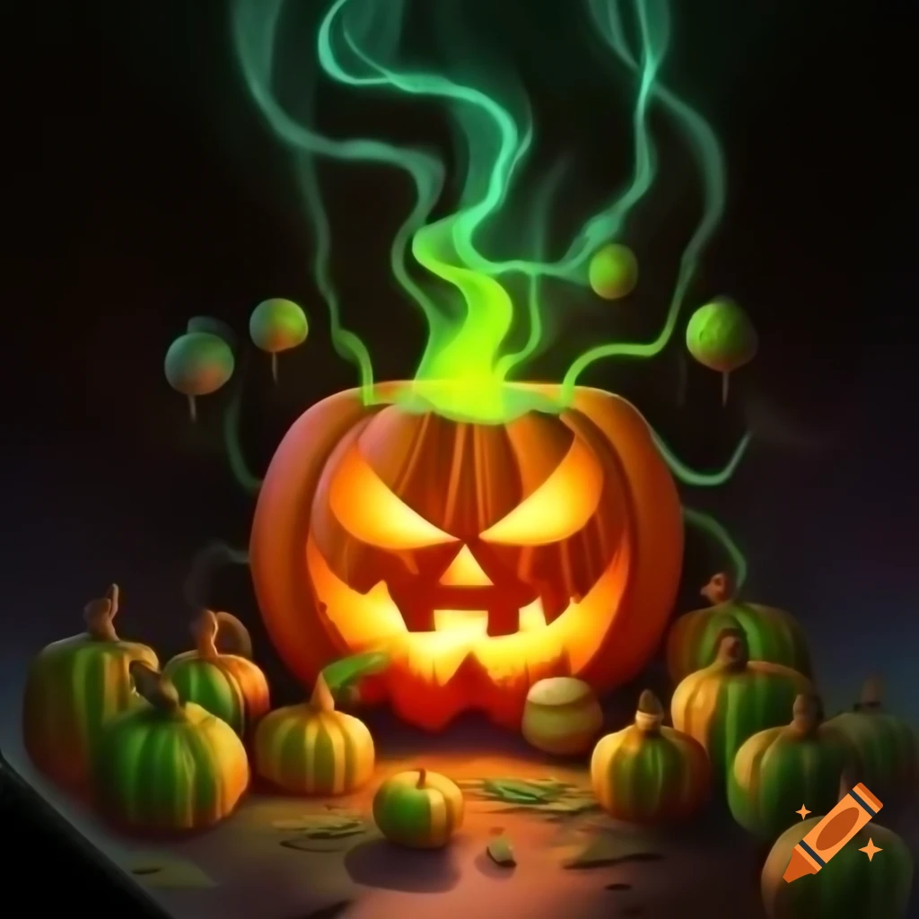Whimsical pumpkin transforming into glowing gasoline-powered generator ...