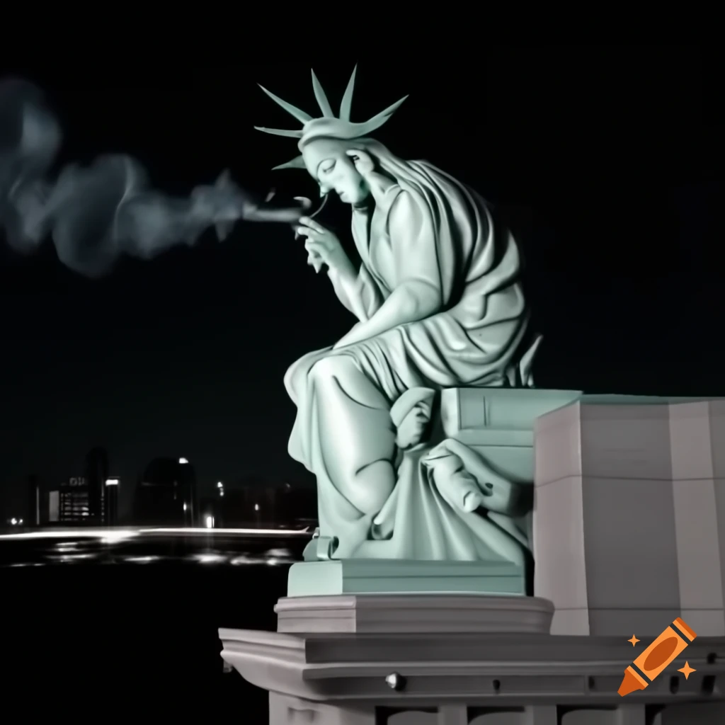 Stressed Statue of Liberty sitting on pedestal with cigarette and ...