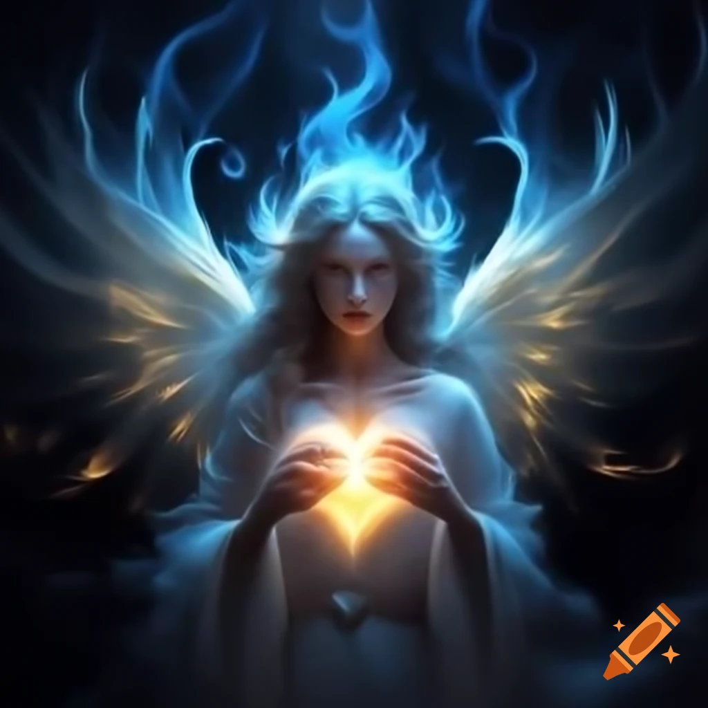 Ethereal blue flame angel with golden light at the heart on Craiyon