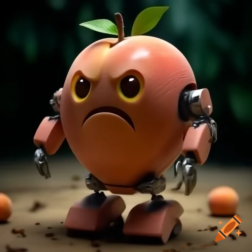Evil peach AI robotic fruit with ambitions to take over the world on Craiyon