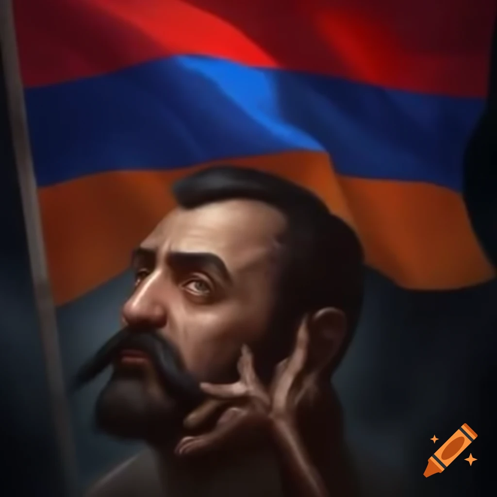 Devious man with moustache against dark gothic backdrop of Armenian ...
