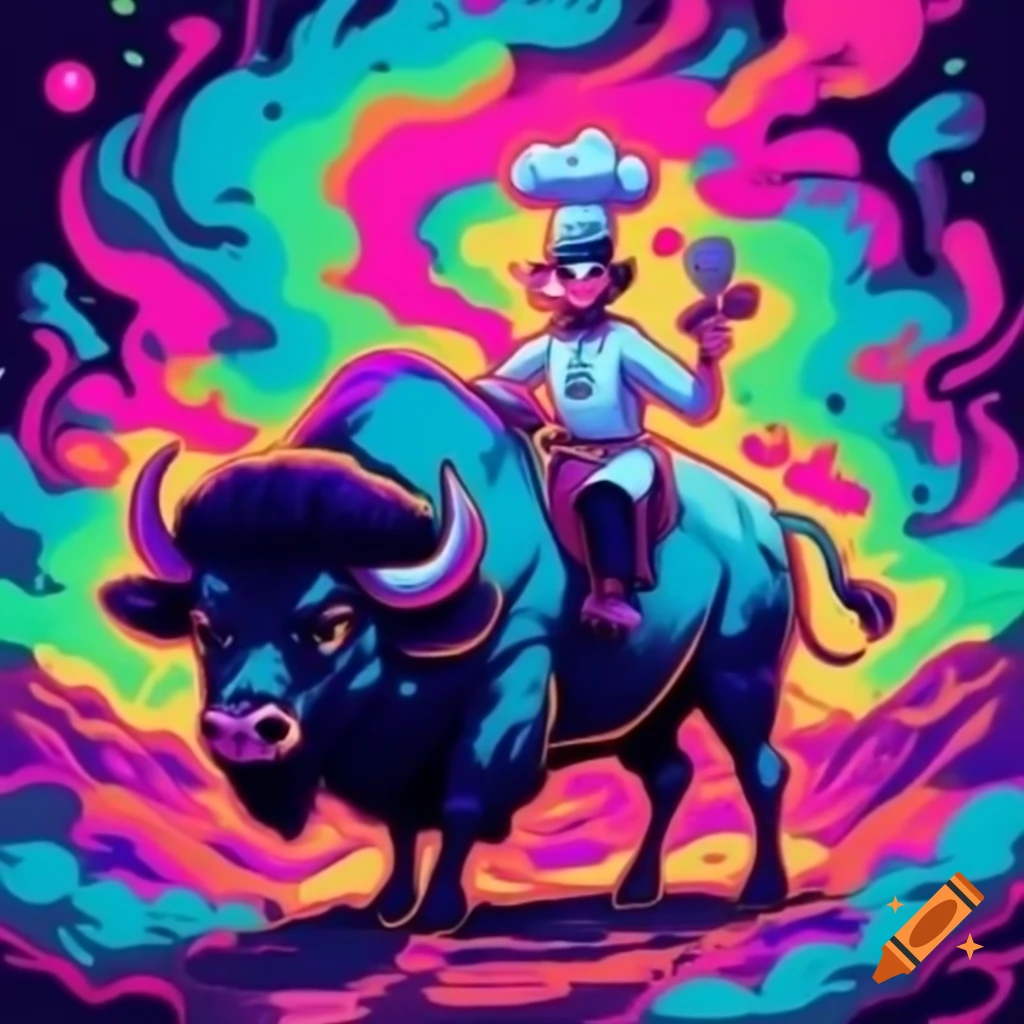 Whimsical chef riding a buffalo in a colorful, trippy style on Craiyon
