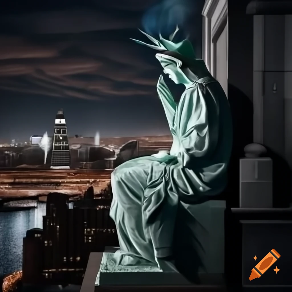 Stressed statue of liberty sitting on pedestal with cigarette and ...