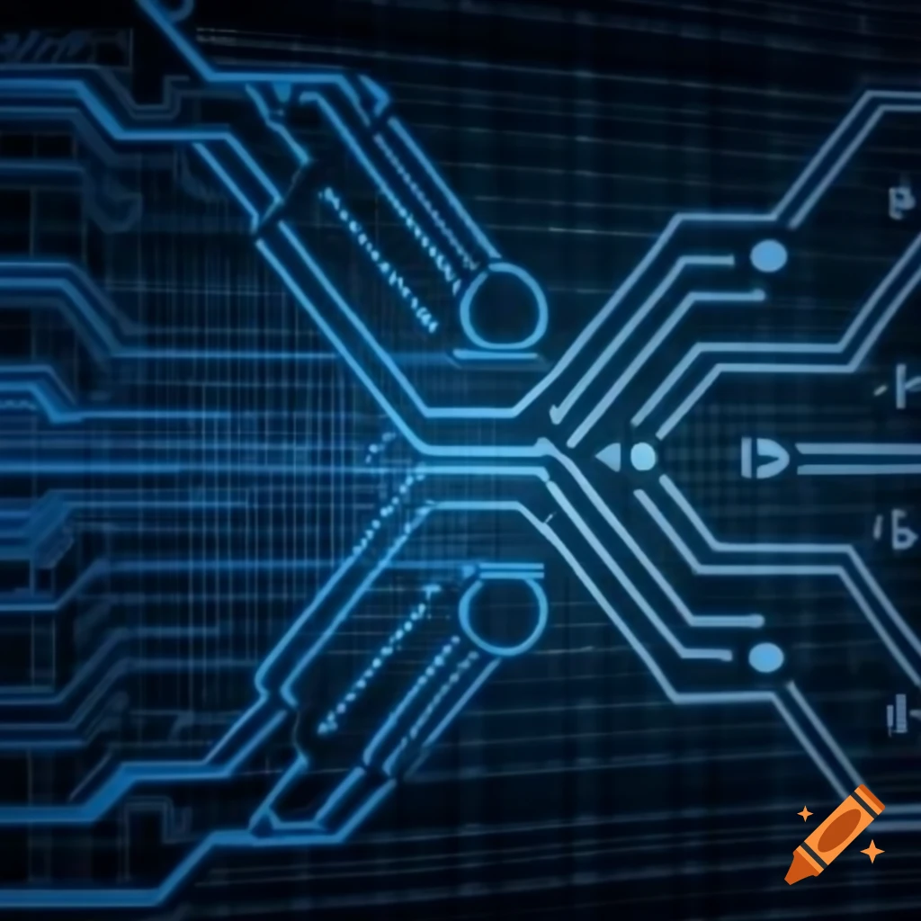 Modern graphic of software development with interconnected nodes and circuit lines on Craiyon
