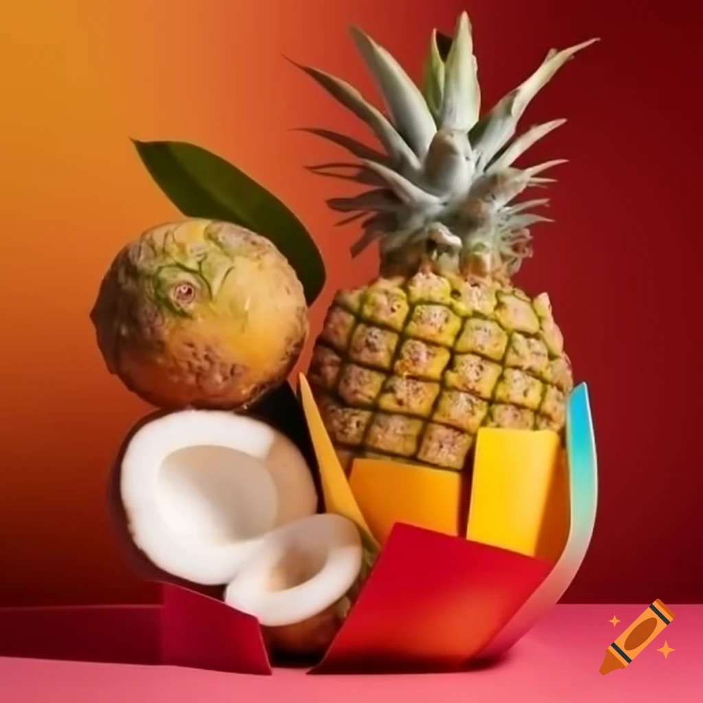 Vibrant tropical packaging featuring pineapple, coconut, and mango with ...