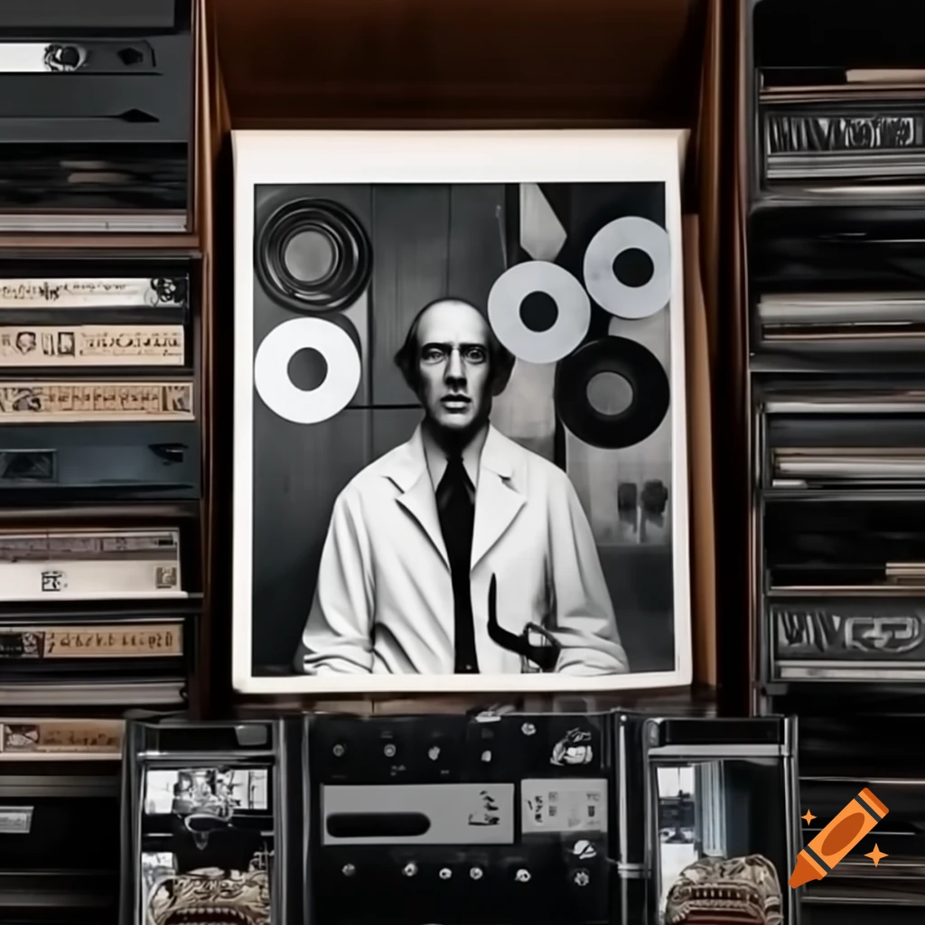 Mad scientist in record studio with tape machines, art deco engraving ...