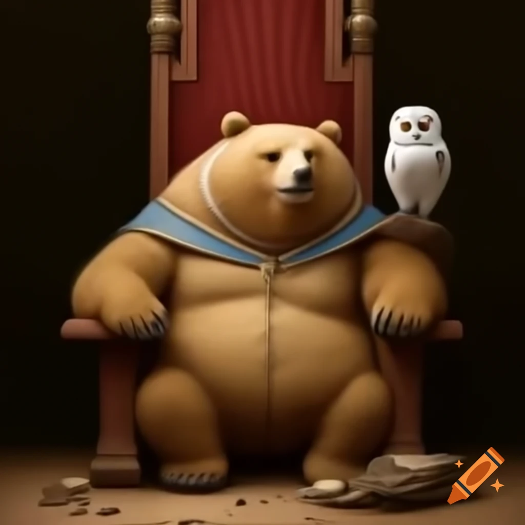 Whimsical bear on throne with owl perched nearby on Craiyon