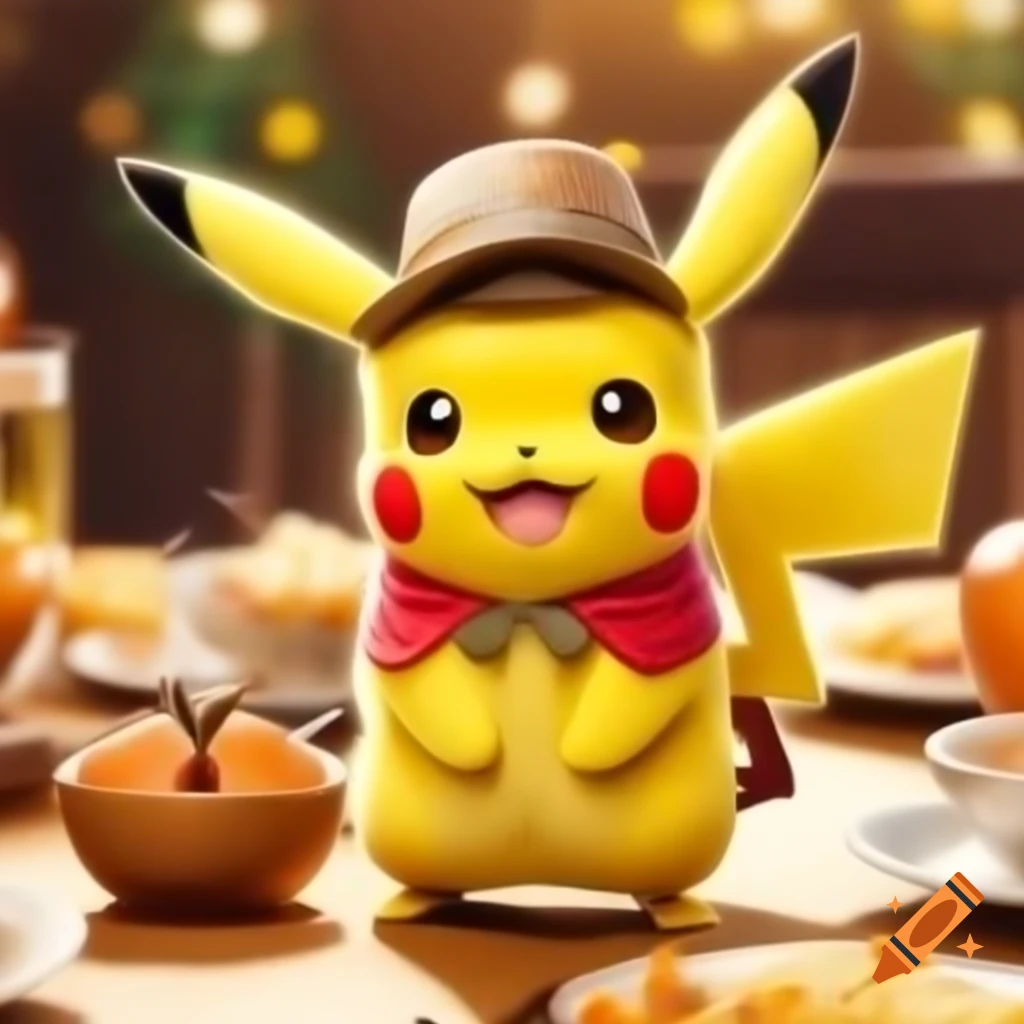 Pikachu dressed in pilgrim outfit for Thanksgiving dinner on Craiyon
