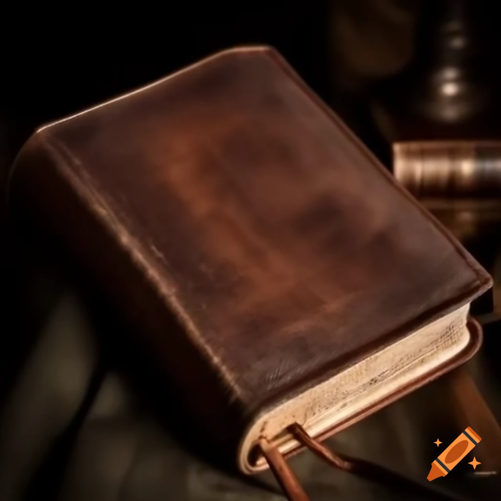 Weathered leatherbound Bible with faded writing on spine and chapter ...