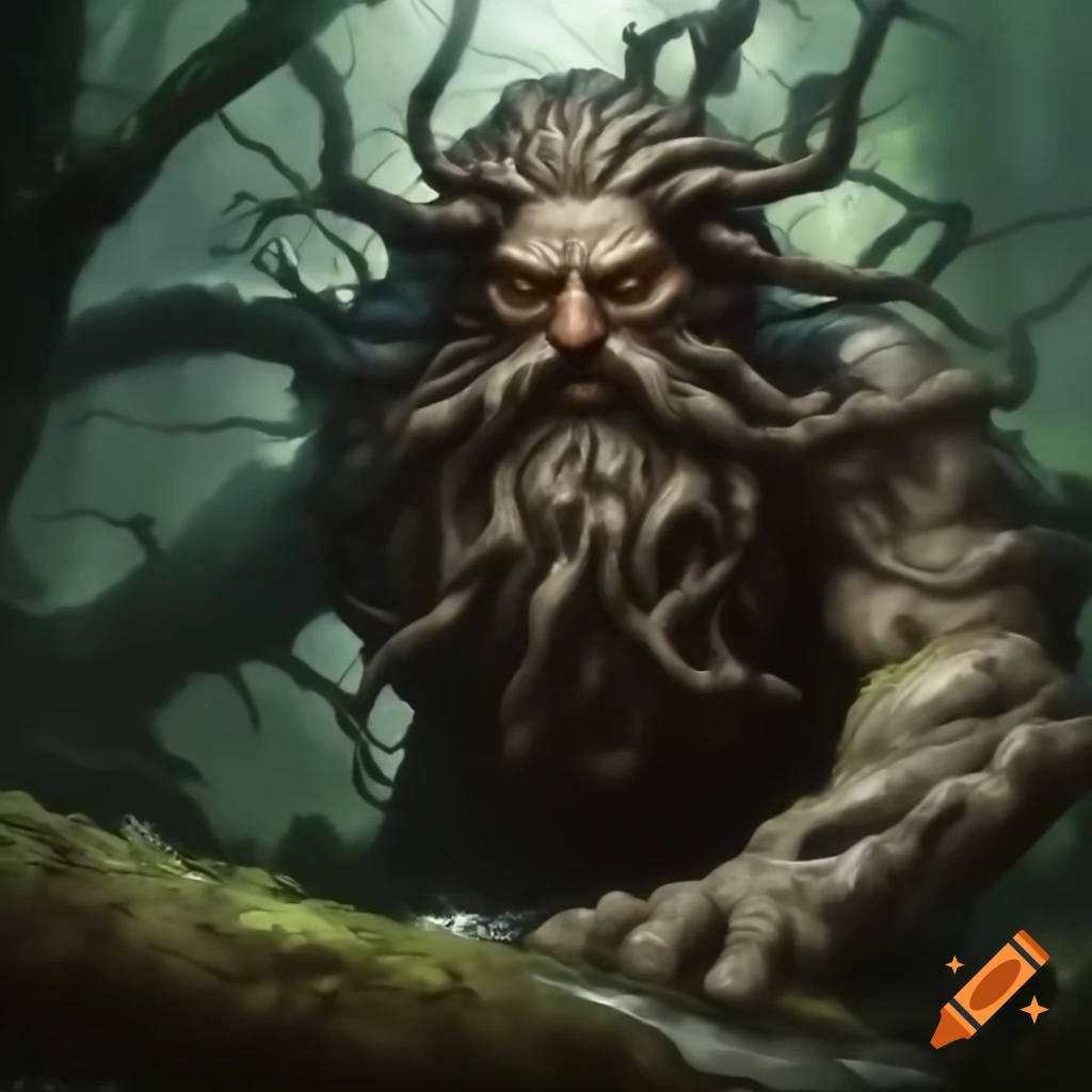 Stately ent with ancient bark and tangled branches, guardian of the ...