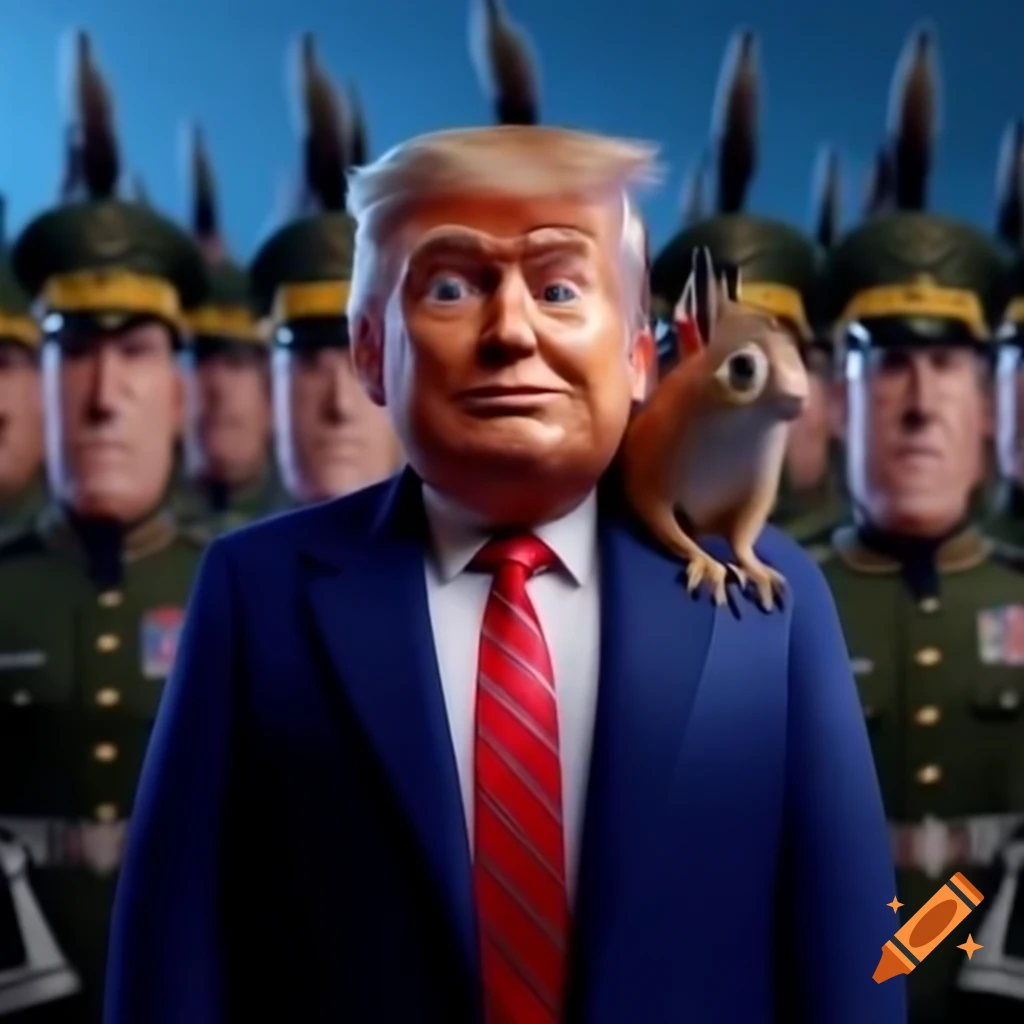 Animated figure of Donald Trump with a squirrel on his shoulder in ...