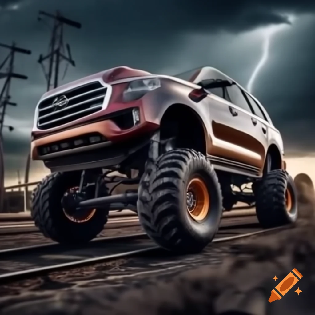 Hyundai Santa Fe modified as monster truck on train tracks with fallen ...