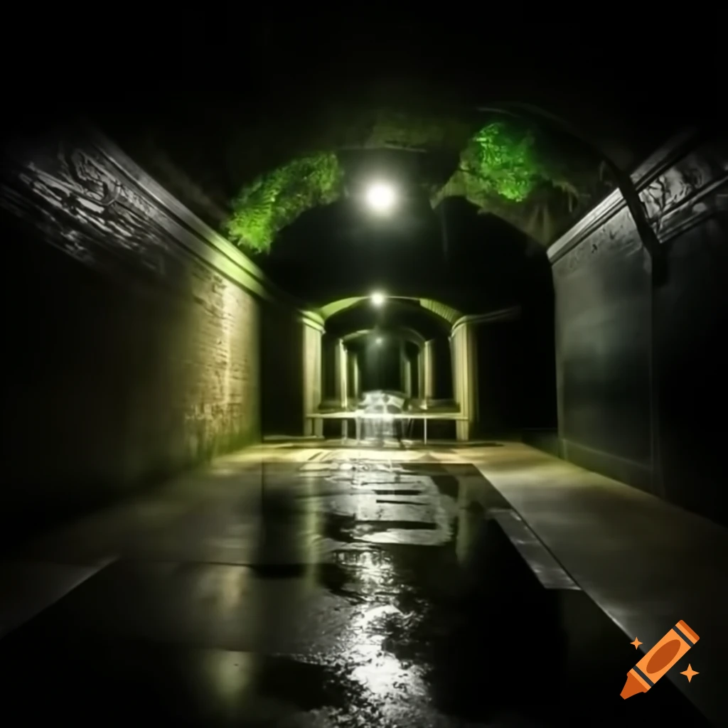 Flickering lamp illuminating wet brick walls in dark overgrown sewer on ...