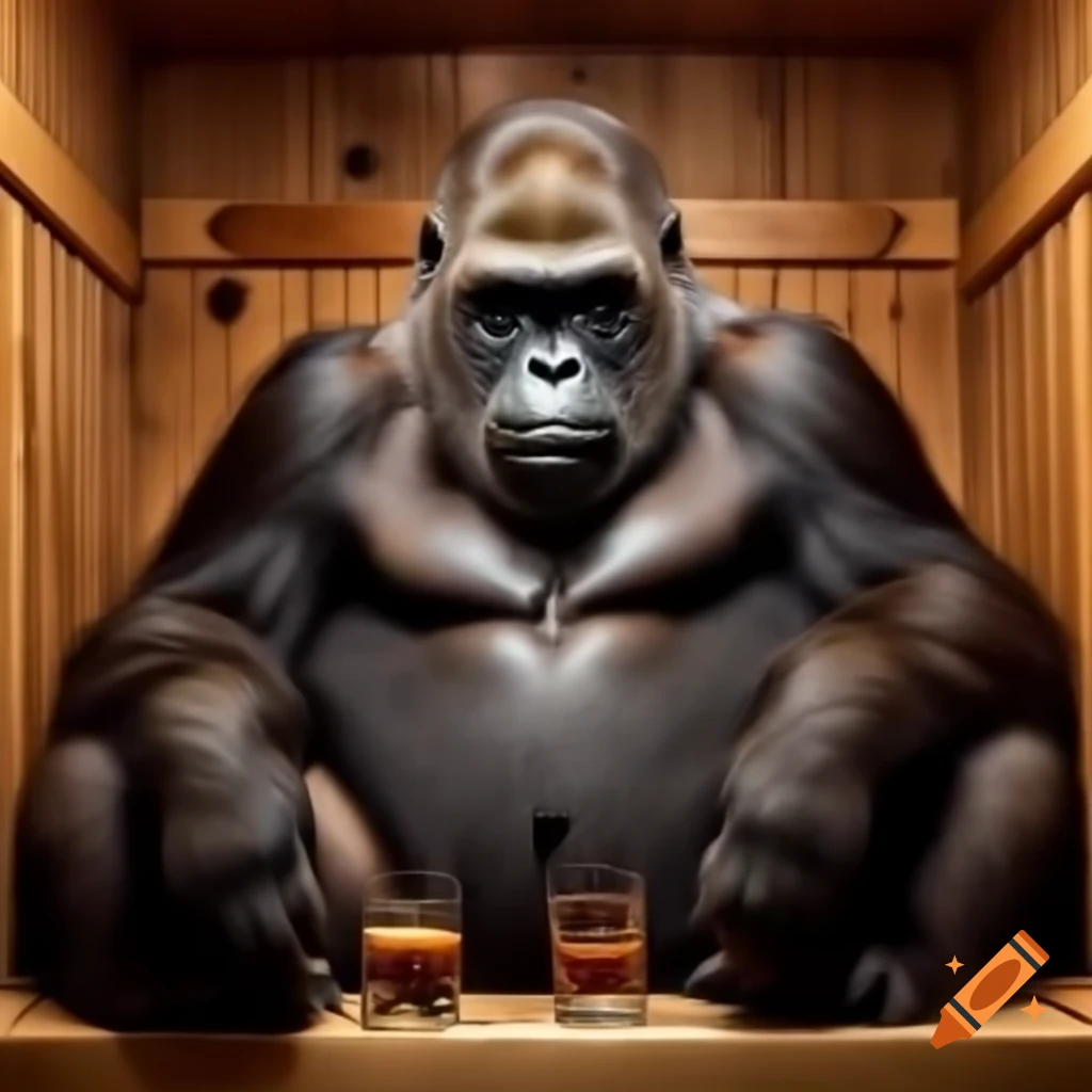 Gorillas relaxing in a sauna, enjoying whiskey on Craiyon