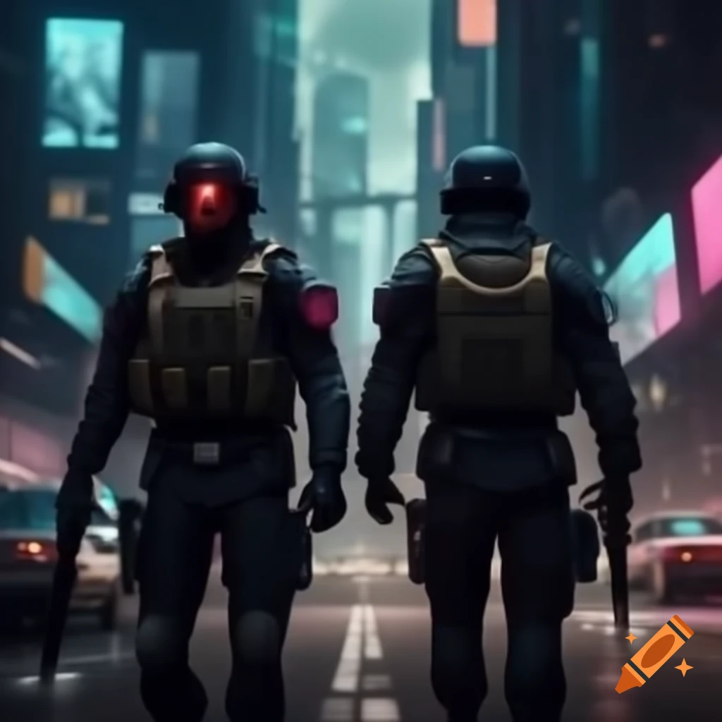 Elite troops in modern armor walking through cyberpunk city with neon ...