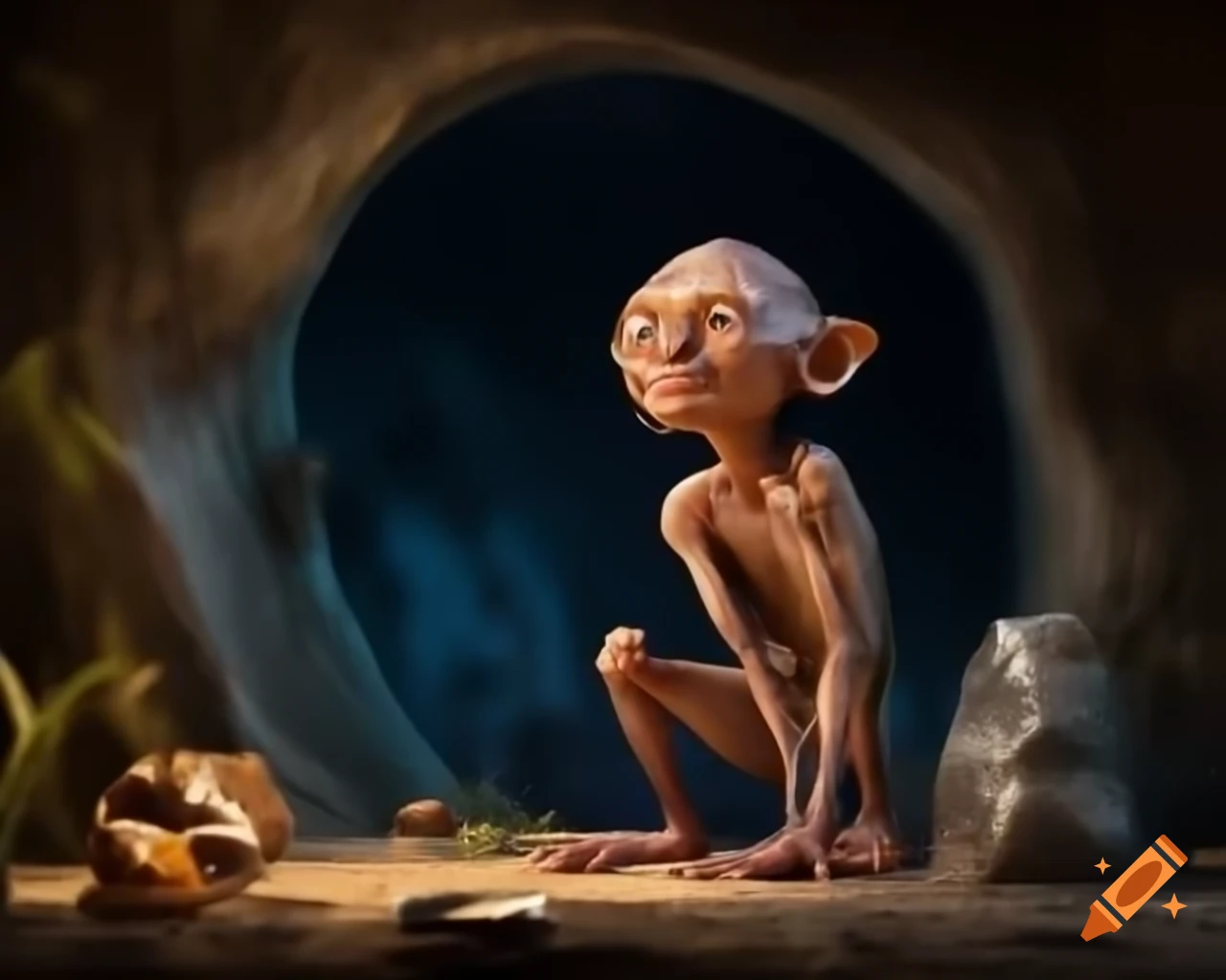 Gollum content in dark cave with the Ring and food on Craiyon