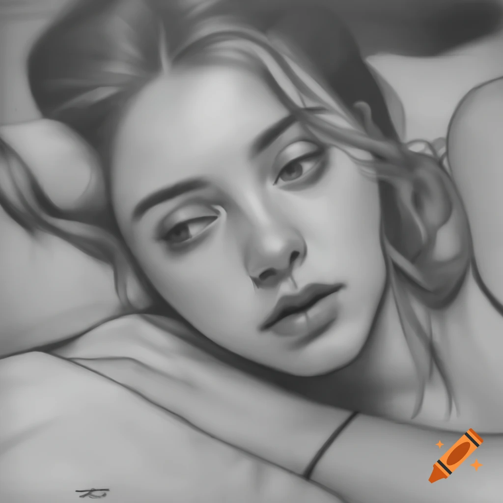Delicate pencil drawing of a young woman reclining with an intense gaze ...