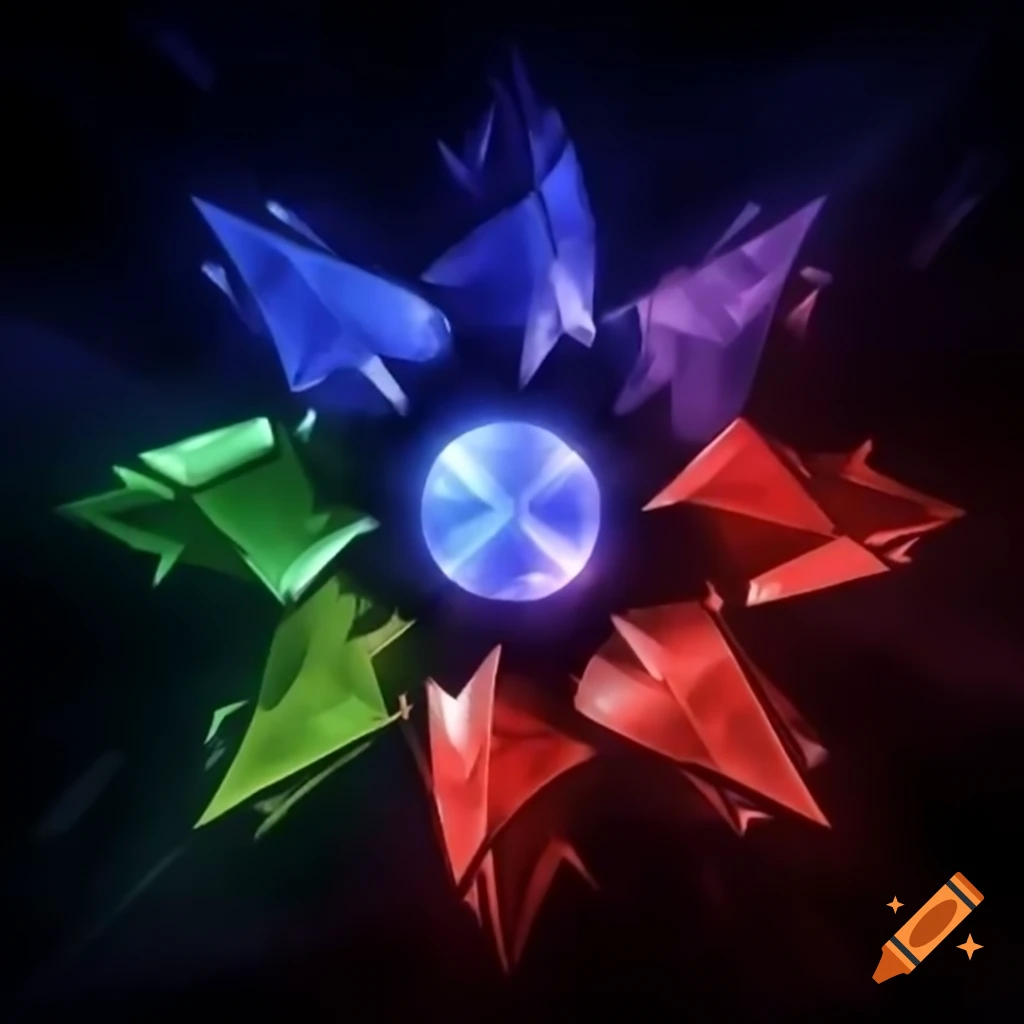 Flag design with three identical crystal-shaped luminous spikes in blue ...