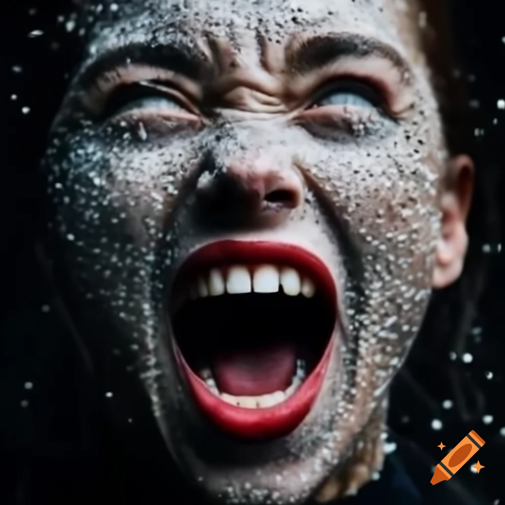 Female face screaming transitioning into particles on Craiyon