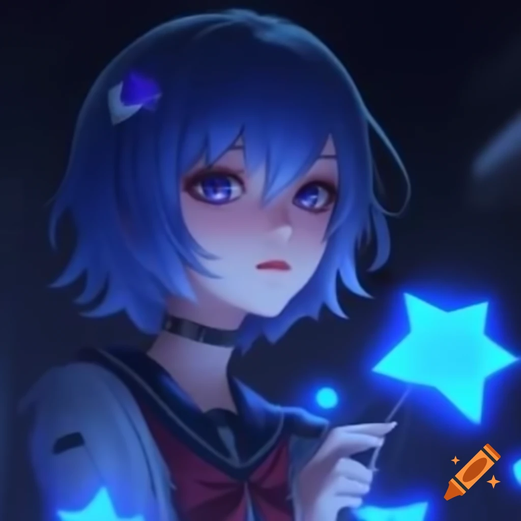 Anime girl with emo/gothic features and deep blue hair, introspective ...