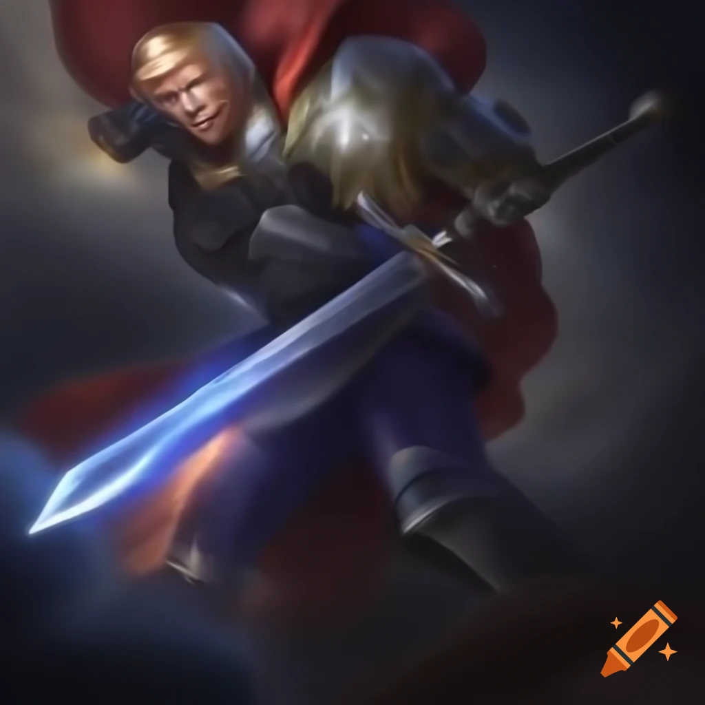 Donald Trump as emperor in battle armor, hovering in clouds with ...